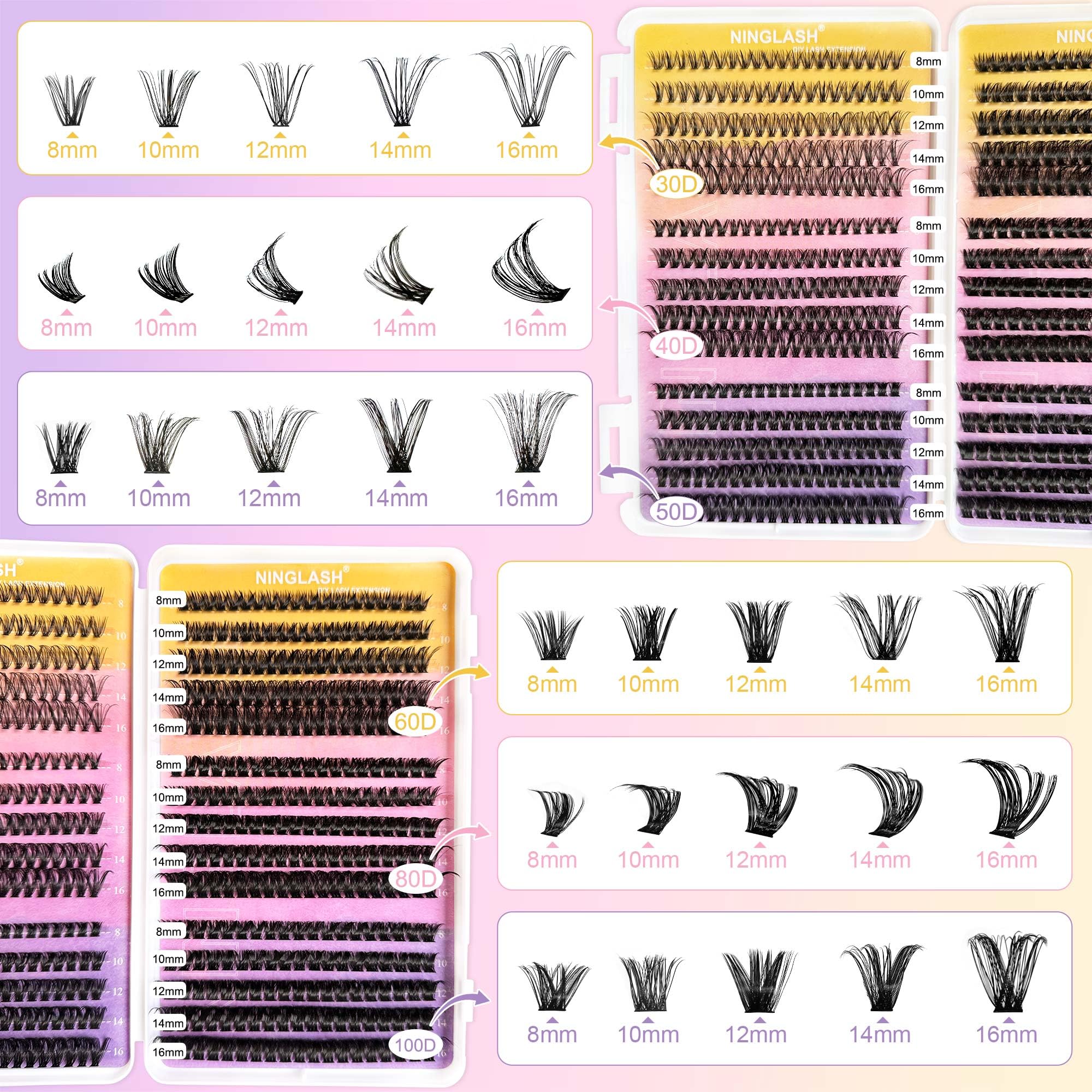 Clear Band Lashes Clusters Ninglash R3 D Curl DIY Eyelash Extension, 56 Pcs Individual Lashes Extensions, Soft Natural Lightweight 10/12/14/16mm Mix Resuale Eyelash Cluster Lashes for Home use …