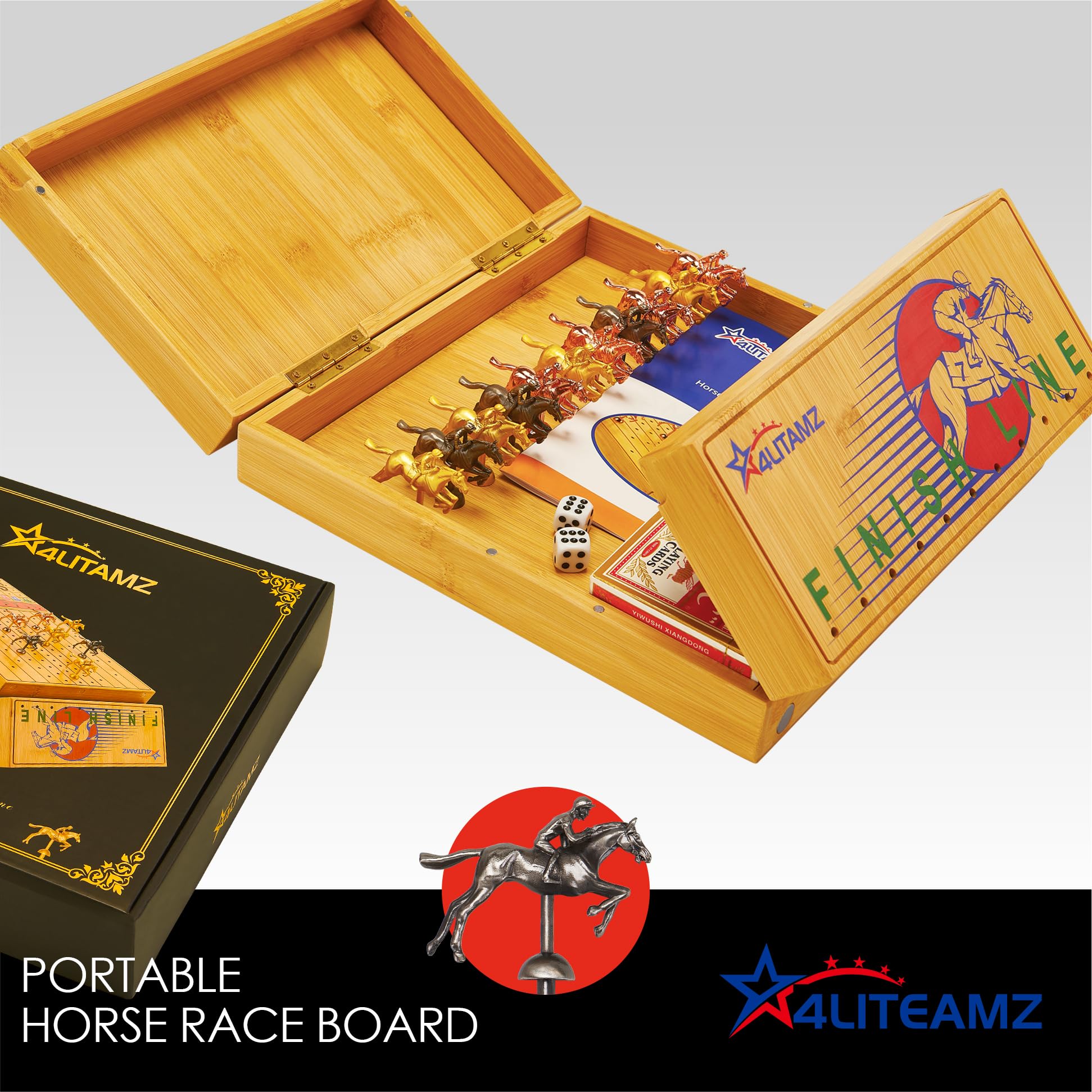 Bamboo Portable Horse Race Board Game, Bamboo Horse Race Board Game with 11 Metal Horses (Bamboo)