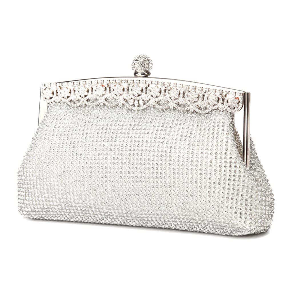 Mogor Women's Rhinestone Retro Crystal Clutch Bling Glitter Wedding Party Bridal Handbag Elegant Formal Evening Bag(Silver)