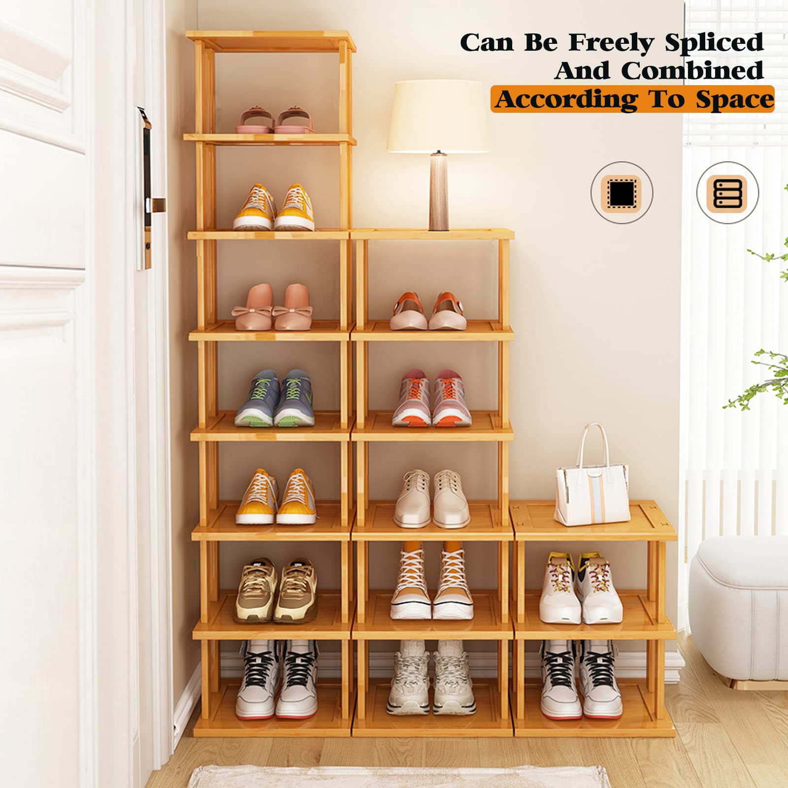 Bamboo Shoe Rack 12 Tier- Vertical Shoe Rack for Small Spaces, Tall Narrow Shoe Rack Organizer for Closet Entryway Corner Garage and Bedroom,Skinny Shoe Shelf with Free Stackable DIY