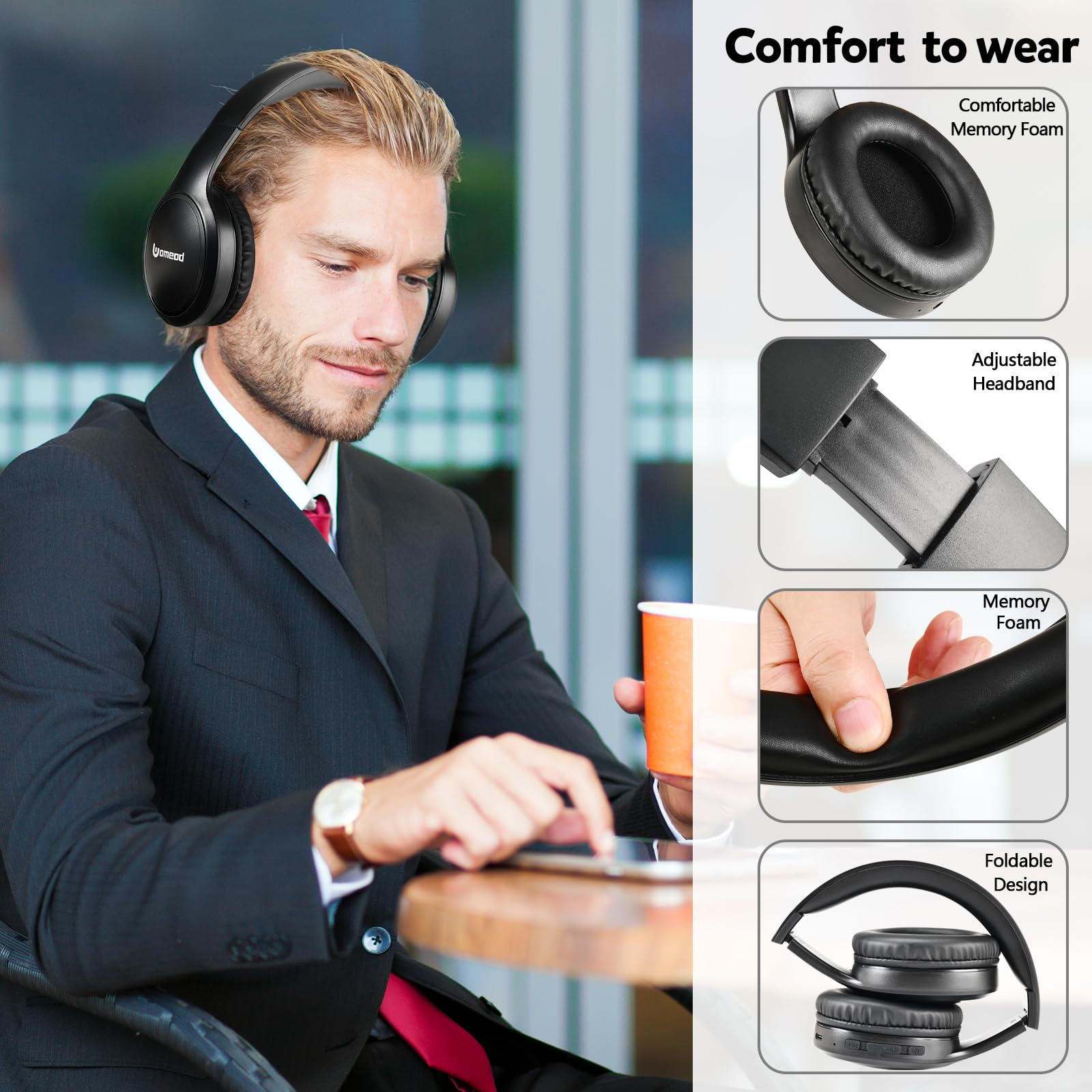 Bluetooth Headphones Over Ear, 70H Playtime and 3 EQ Music Modes Wireless Headphones with Microphone, HiFi Stereo Foldable Lightweight Headset, Deep Bass for Home Office Cellphone PC