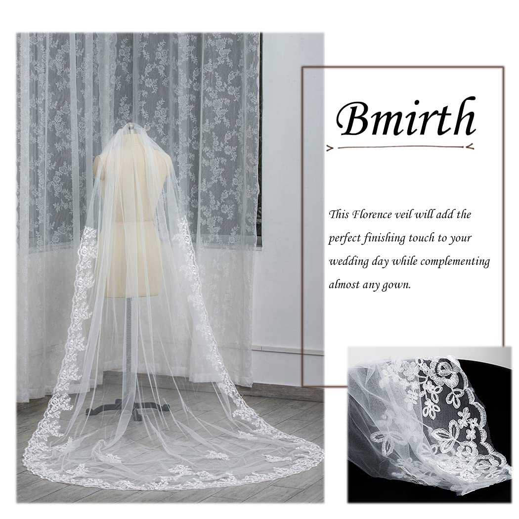 Bmirth 1 Layer Bridal Wedding Veil Cathedral Long Length Lace Bride Tulle Hair Accessories With Comb for women Floral 118" Veil Headpeice (White)