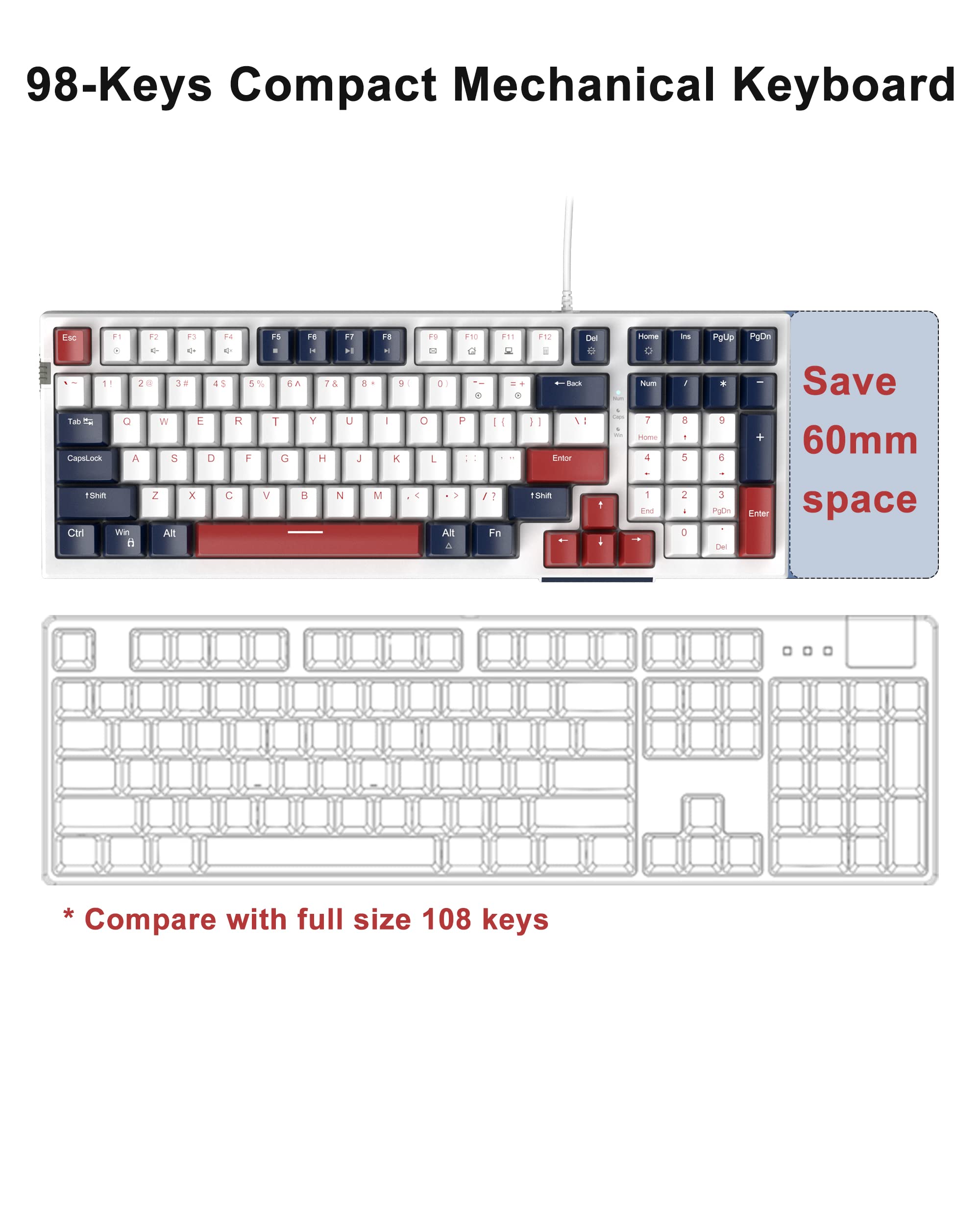 Camiysn Compact 80% Mechanical Keyboard, 98 Keys Hot-Swappable Gaming Keyboard with Number Pad, Gaming/Office Ergonomic Keyboard with Red Switches for Windows Mac PC, Grey Black