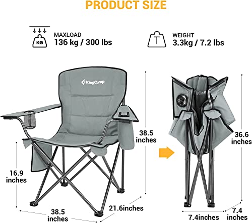 KingCamp Oversized Folding Camping Chair for Adults Portable Outdoor Lawn Heavy Duty with Cooler, Cup Holder, Side Pocket,Carry Bag, 2 Pack, Grey