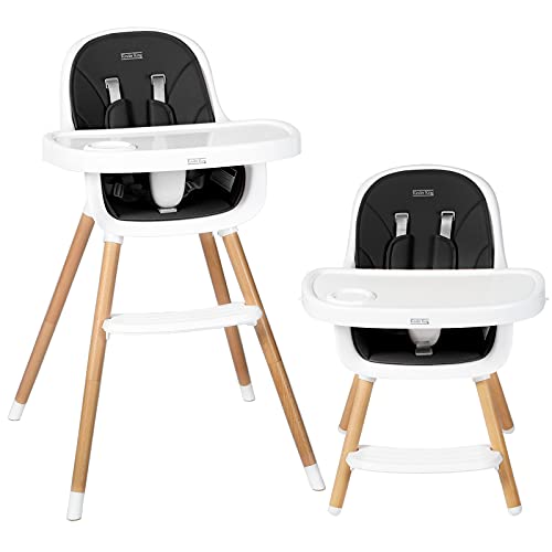 Kinder King 3 in 1 Convertible Baby High Chair, Wooden Highchair w/Double Removable Tray, Infant Feeding Chair-Toddler Chair, Adjustable Legs, Detachable Footrest & PU Cushion, 5-Point Harness, Black