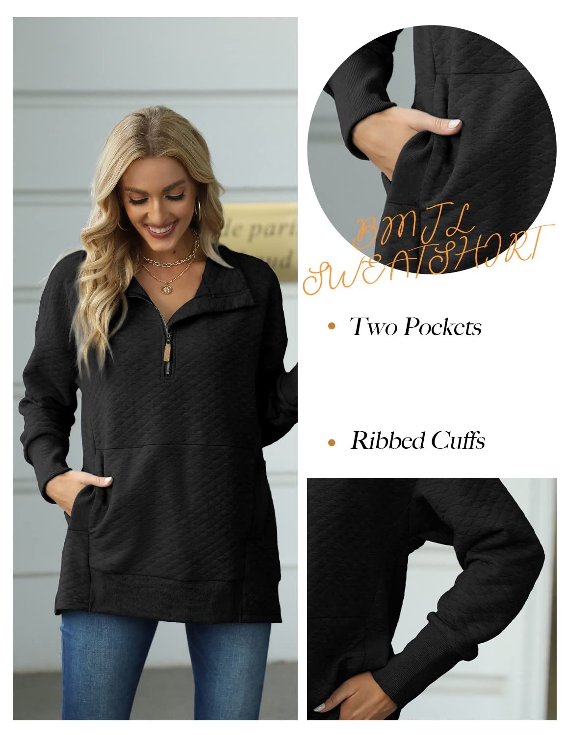 BMJL Women's Long Sleeve Shirts Oversized Casual Sweatshirt Quarter Zip Up Fall Dressy Tops 2022 Loose Half Zip Pullover(Black,S)