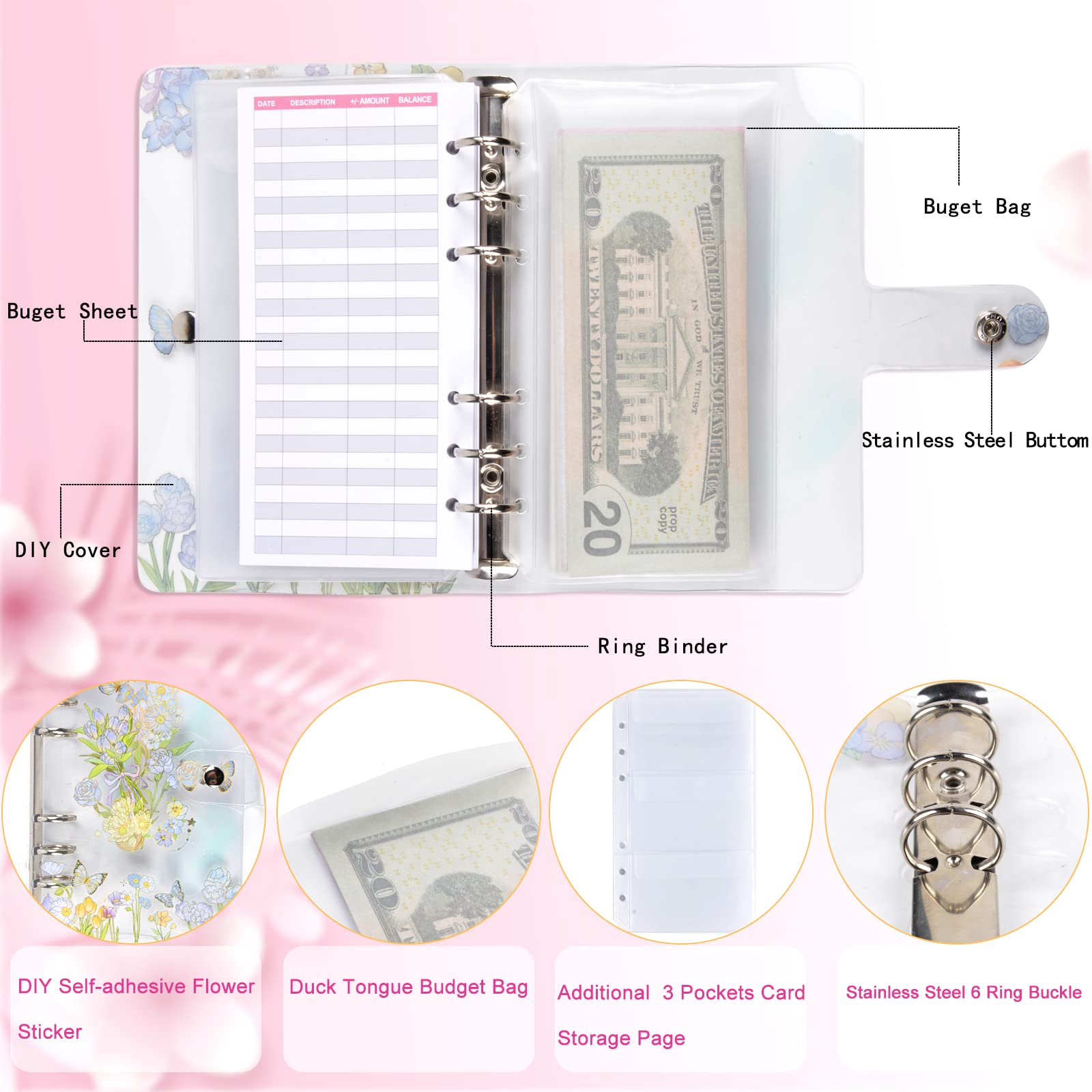 ChezMax Budget Binder,Envelope Tracker Set for Saving Money, A6 Size Cash Expense Envelopes with 1 DIY Sticker, 12 PCS Monthly Budgeting Planner & Money Organizer Pockets,1 3 Pockets Card Sheet