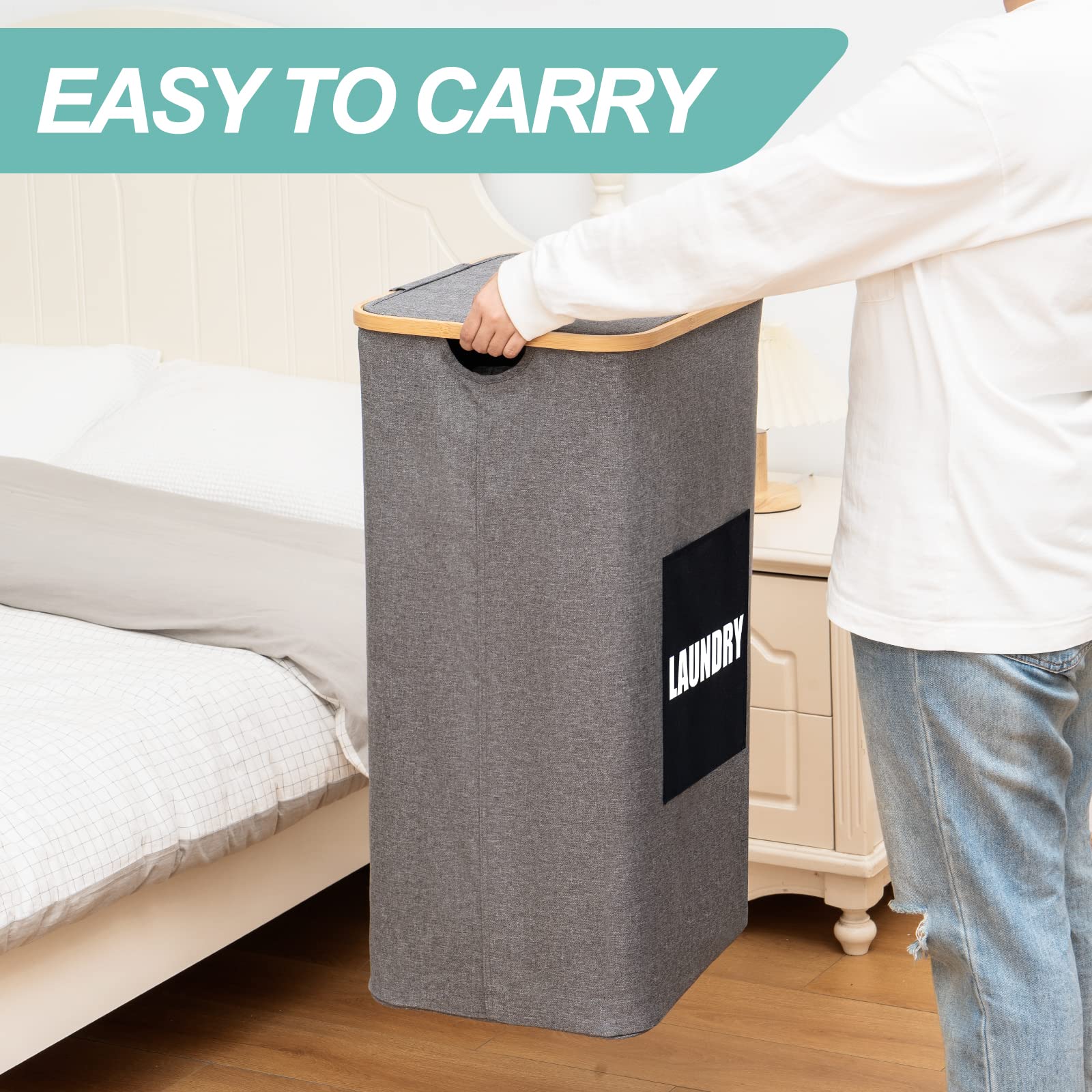 Uross Laundry Hamper with Lid- 100L Large Laundry Basket with Bamboo Handles, Clothes Hamper with Lid for Bedroom, Tall Laundry Hamper Basket with Lid, Big Dirty Clothes Hamper for Laundry, Grey