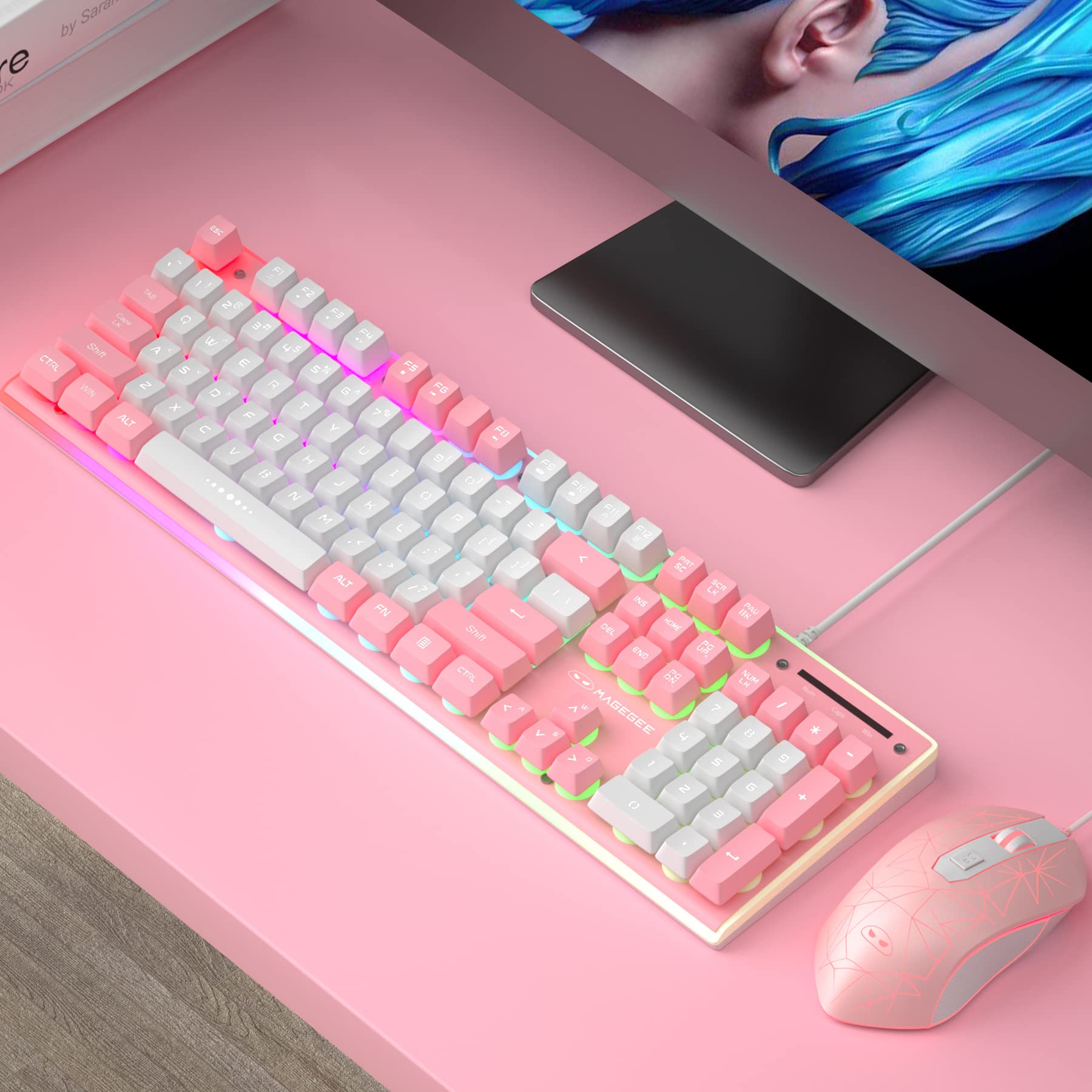 Camiysn Gaming Keyboard, Silent Ergonomic Waterproof RGB Backlit Anti-ghosting Keyboard Mechanical Feeling Keyboard with Multimedia Keys for PC Gamer, Pink