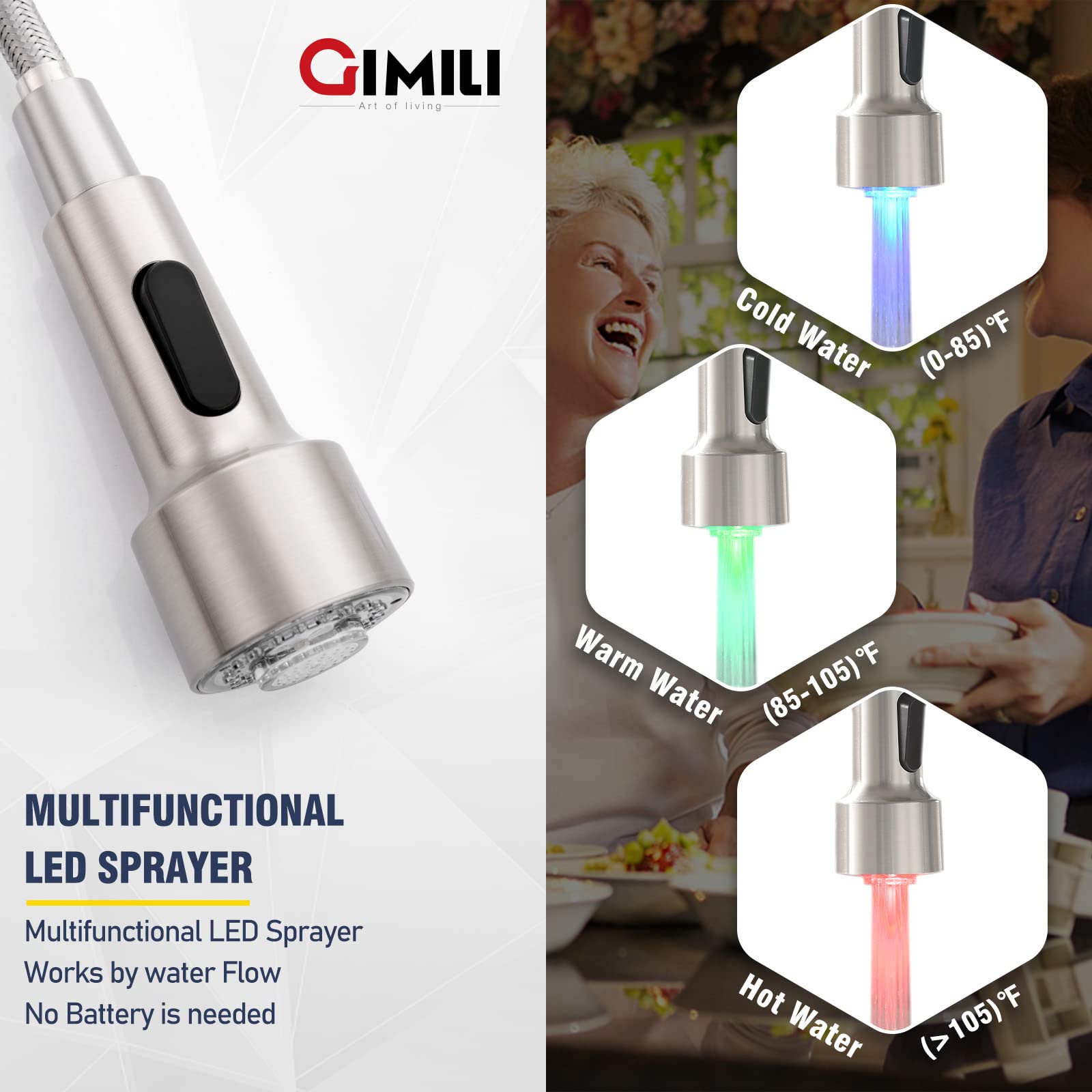 GIMILI Kitchen Faucet with Sprayer Modern Single Handle Pull Down Sprayer Brushed Nickel Kitchen Faucet Pull Down with LED Light