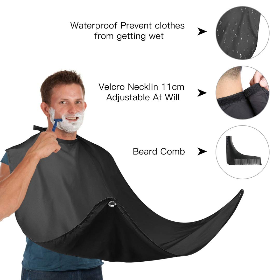 Beard Apron Cape, 6 piece set Grooming Cape with Professional Shaving Comb Clippings Catcher and a Beard Scissors, Adjustable Neckline Waterproof Beard Cape,Grooming Cape with 2 Suction Cups