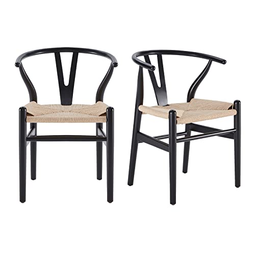 Farini Wishbone Chairs for Dining Room Solid Wood Rattan Chair Armchairs Y Shaped Backrest Hemp Seat for Home Restaurant Fully-Assembled(Set of 2,Black-Beige Seat)