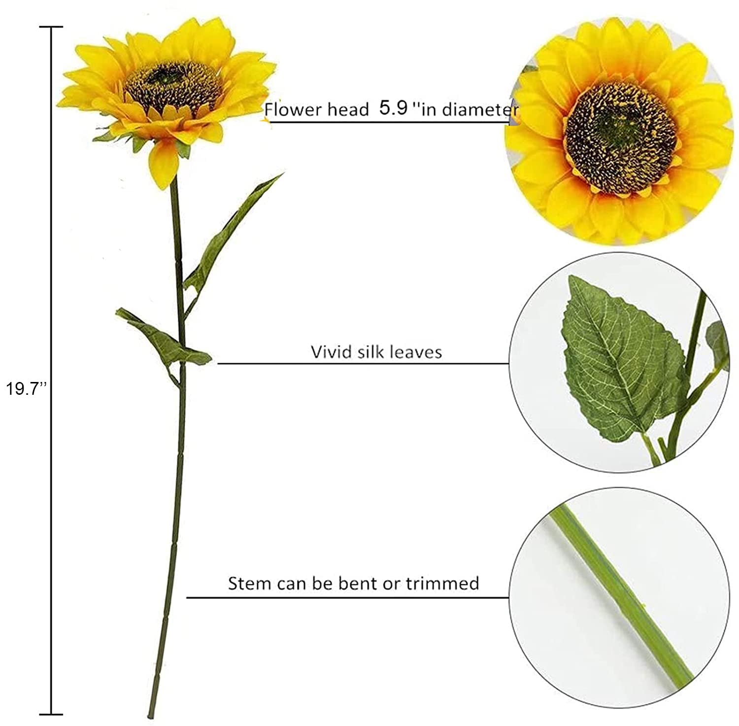 MIZZLES 6pcs Artificial Sunflowers, Long Single Stem Realistic Silk Fake Sunflower Decoration for Home Hotel Office Wedding Party Garden