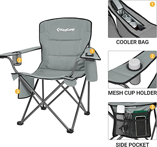KingCamp Oversized Folding Camping Chair for Adults Portable Outdoor Lawn Heavy Duty with Cooler, Cup Holder, Side Pocket,Carry Bag, 2 Pack, Grey