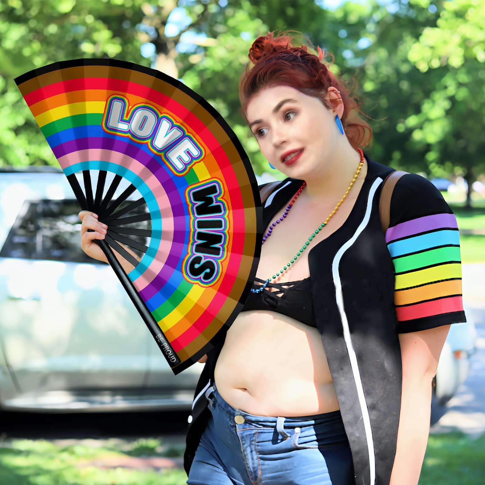 bmuvghi Rainbow Folding Fan Pride Hand Held Fan Gay Pride Stuff Large Clack Hand Fan Foldable Rave Fan for LGBTQIA+ Pride Parade Pride Accessories Stuff