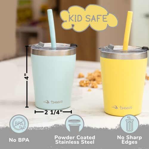 Tweevo Kids Tumblers with Spill-Proof Screw Lids - Tumbler, 8.5 oz. Stainless Steel Cups With Straws and & Straw Brush Adorable Spill Proof for 2 Pack