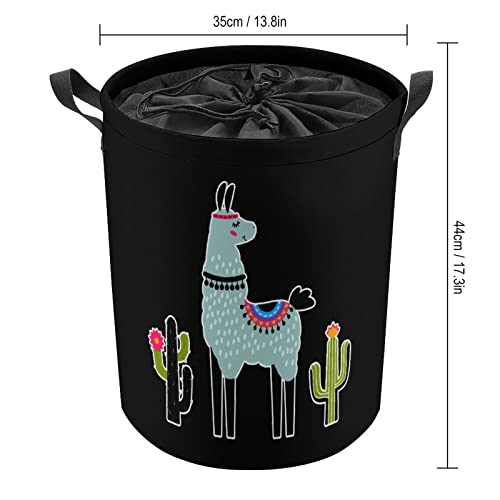 Cute Llama with Cactus Laundry Basket Round Collapsible Storage Bin with Drawstring and Handle for Bedroom Bathroom Toys Room 17.3" X 13.8"