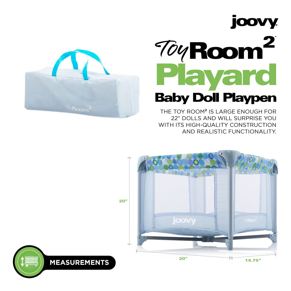 Joovy Toy Room² Playard Baby Doll Playpen Featuring Sturdy Steel Frame and Collapsible Design Allows for Easy Fold for Travel, and Travel Case - Large Enough for 22” Dolls (Blue Dot)