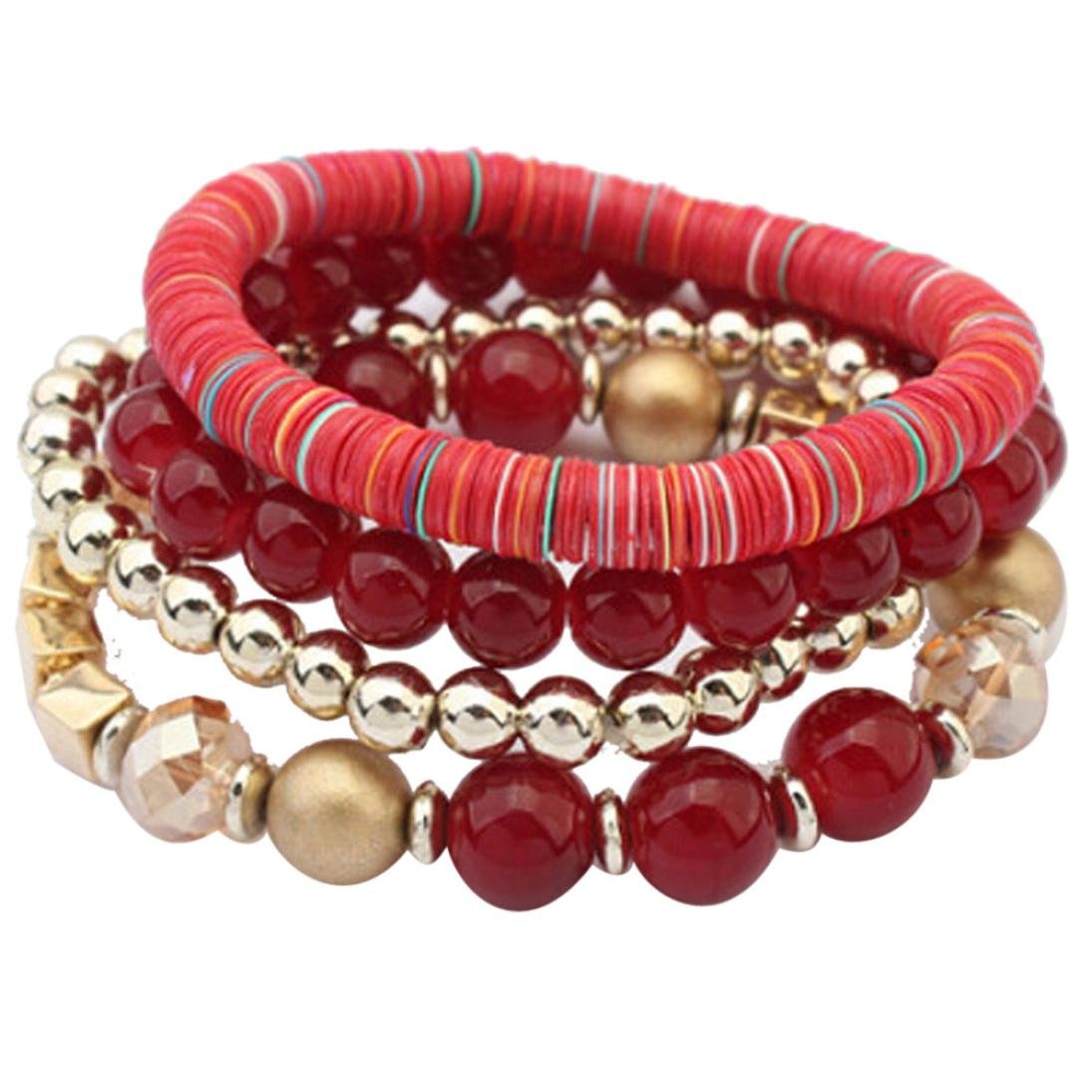 IEason Clearance Women Colorful Beads Bangle Handmade Bracelets Florid Cool Black (red)