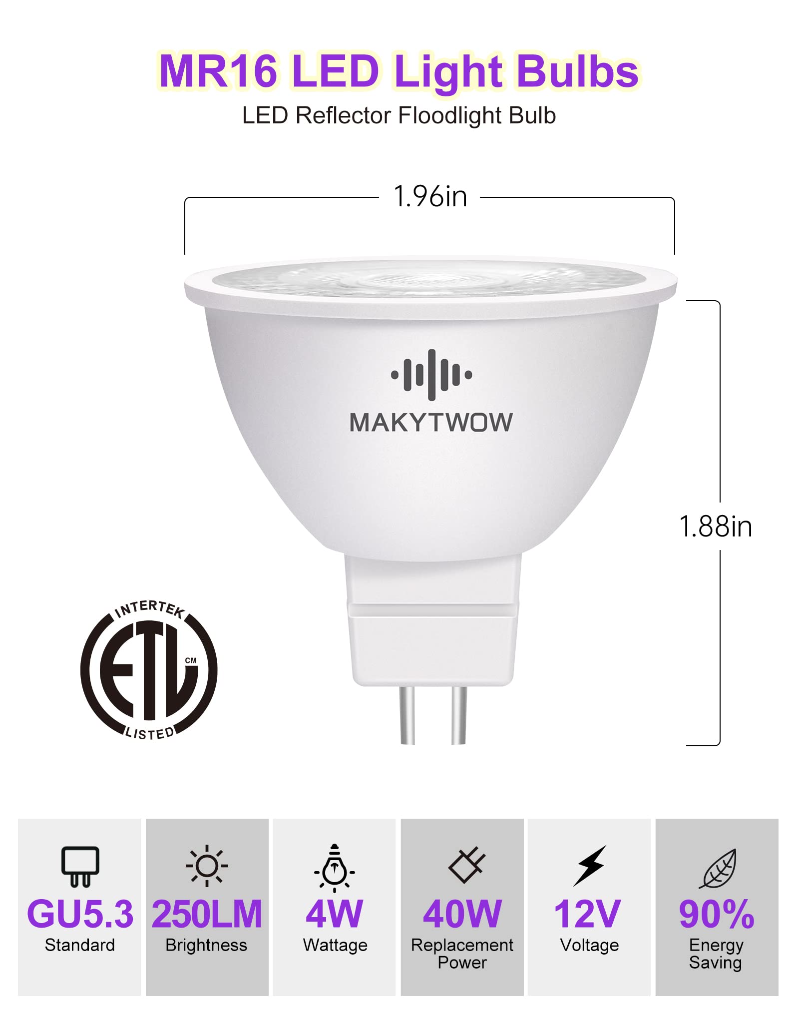 MAKYTWOW MR16 LED Light Bulb, Purple, Gu5.3 Bi-pin Base LED Spotlights 12V LED Light for Outdoor Landscape Track Lighting, 4W=50W Halogen Equivalent, 6Pack