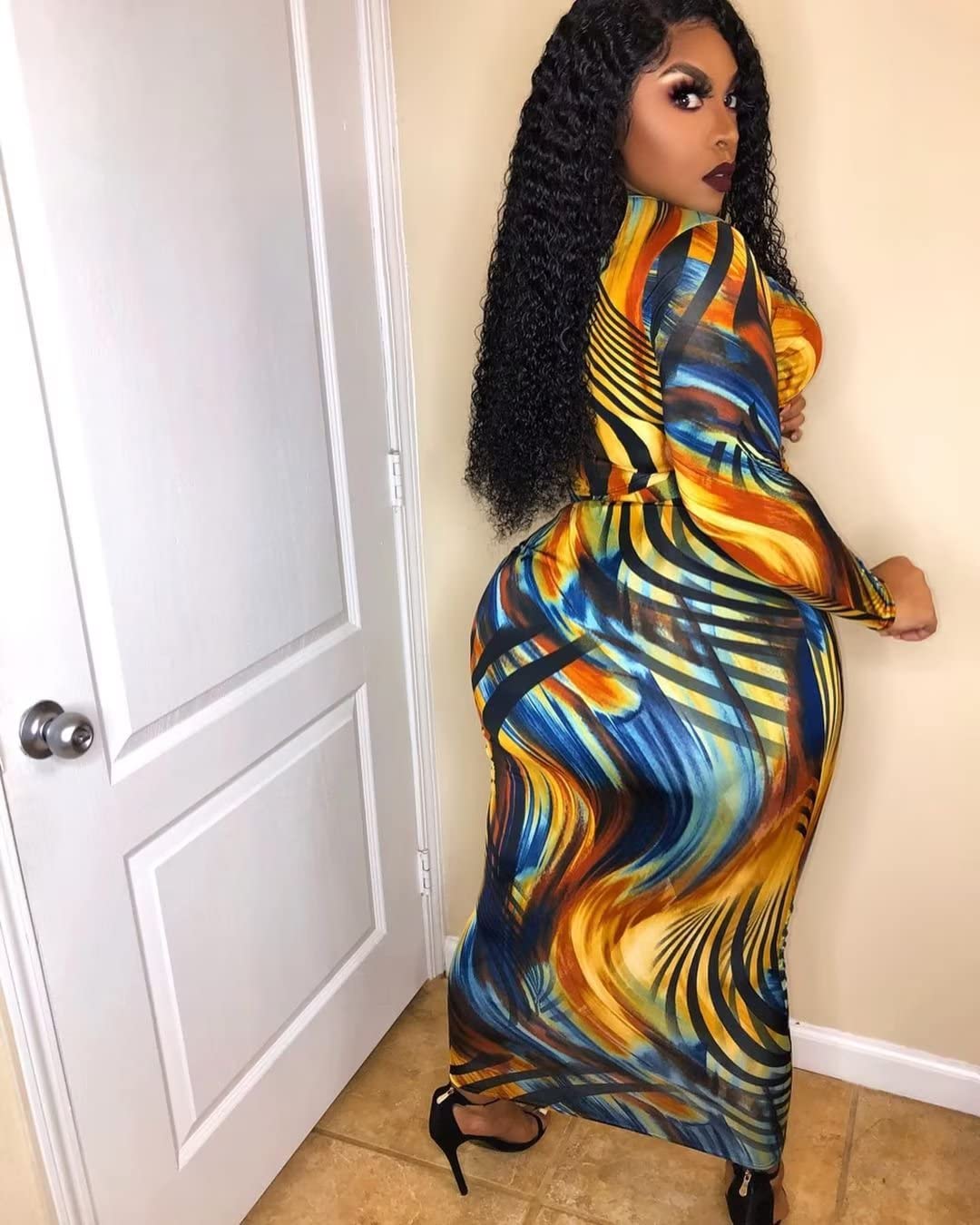 Bluewolfsea Women's Sexy Long Sleeve Printed Bodycon Mixi Dress Cocktail Party Dresses Large Brown