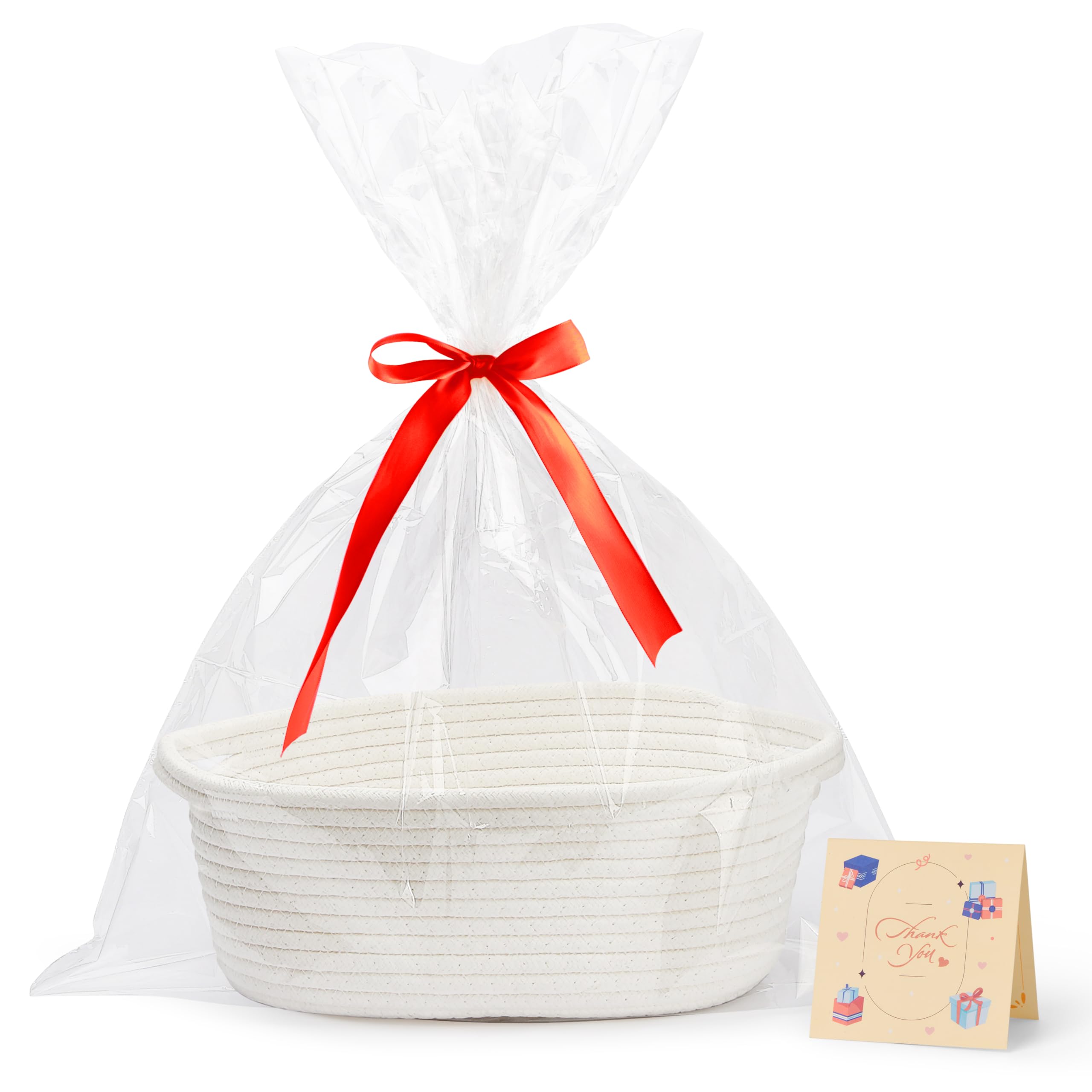 Bufims Small Woven Basket with Ribbons and Bags Durable Basket for Gifting Cute Gifts Basket 12"X 8" X 5" Small Rope Basket for Storage, White