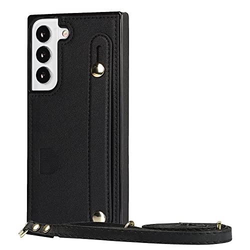 CCSmall Case for Samsung Galaxy S22+ Plus (Not S22) with Card Slot Holder, Removable Adjustable Shoulder Strap Lanyard Crossbody Neck Purse Phone Case for Samsung Galaxy S22 Plus KB Black