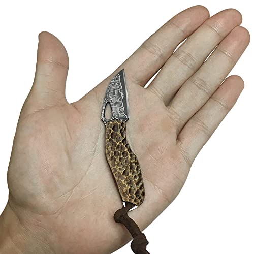 Cool Hand 2'' EDC Flip Joint Folding Knife, Small Pocket Knives w/ 1.25'' VG10 Damascus Steel Blade, Brass Handle w/Leather Lanyard,Tin Box Packaging