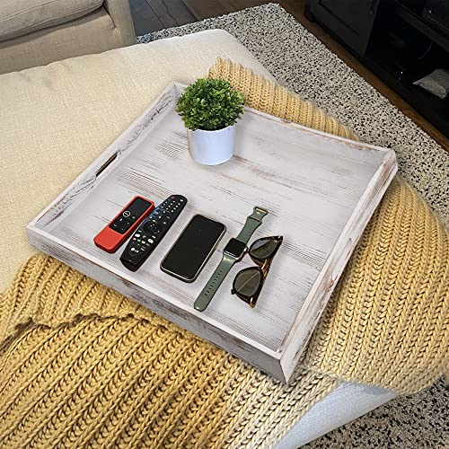 Hanobe Square Large Ottoman Tray: Extra Large Serving Tray with Handles Rustic Wood Whitewash Decorative Coffee Table Trays Farmhouse Home Decor for Living Room Kitchen Counter 24" x 24"