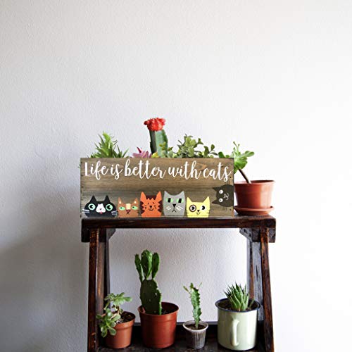 Cat Planter, Life is Better With Cats Wood Planter Box, Cat Mom, Catnip, Cat Lover Gift (Natural Brown Wood)