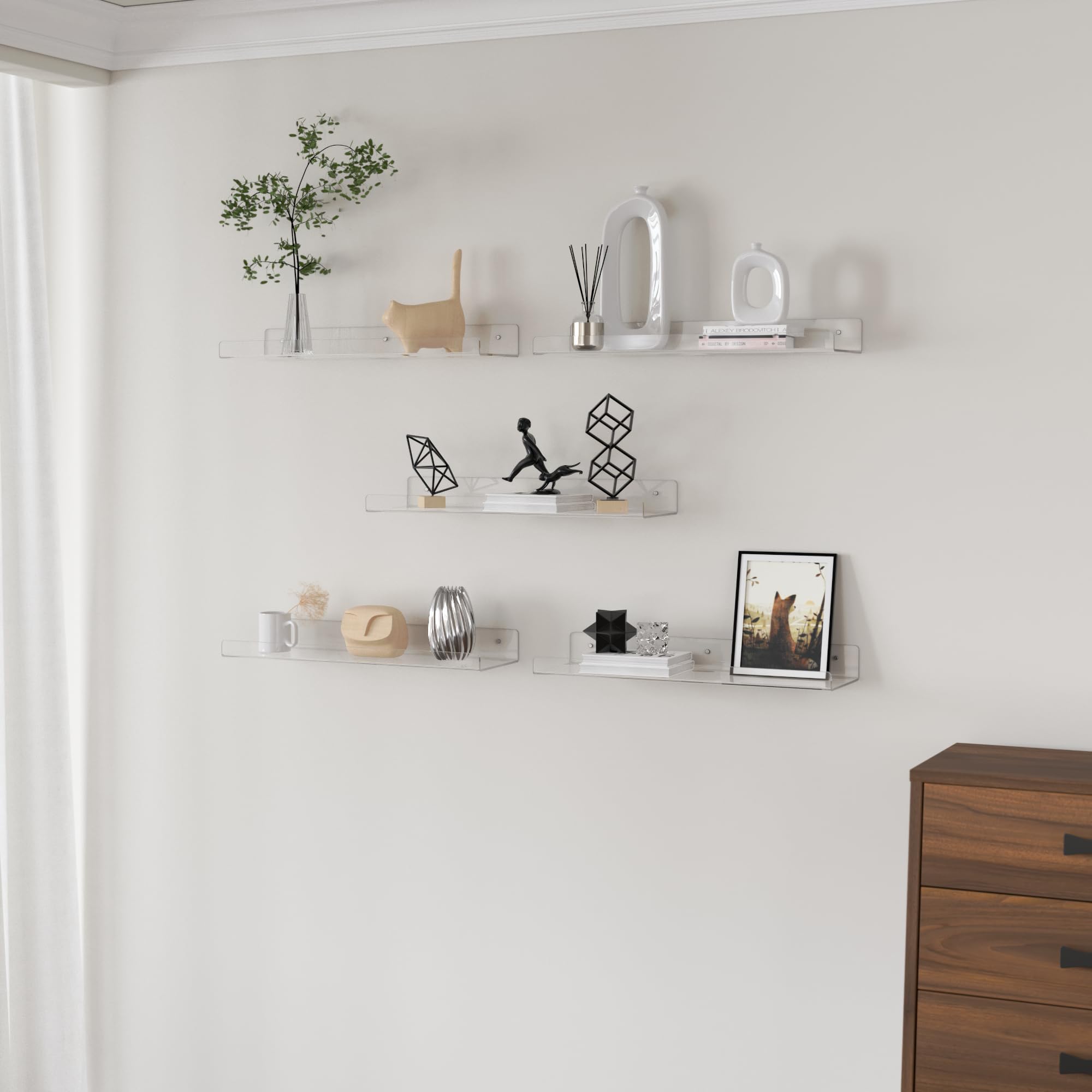DOLLFIO Clear Acrylic Shelves for Funko Pop, 5 Set Floating Shelves for Wall Decor, Acrylic Wall Bookshelves for Bathroom, Small Storage Shelves