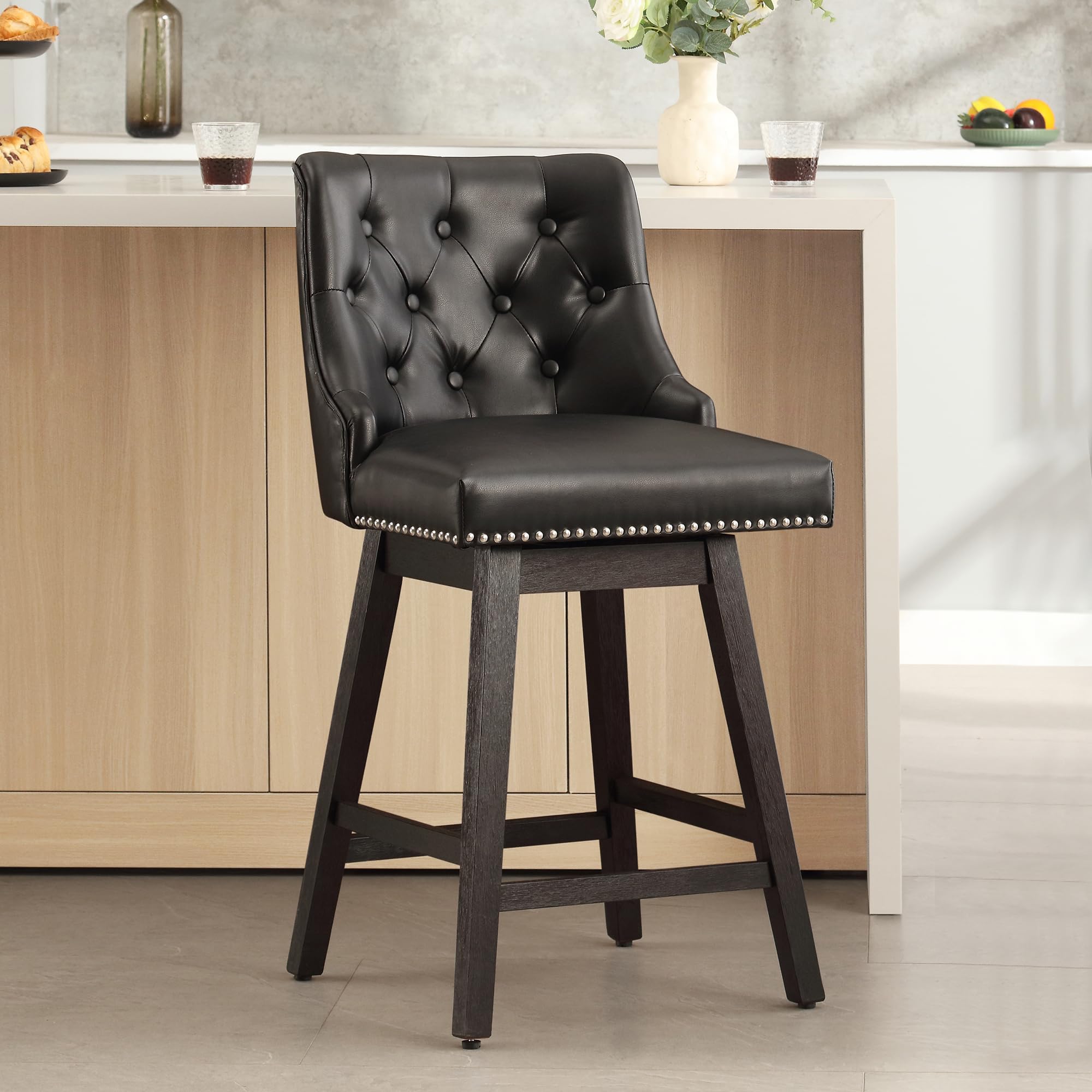 Busaurus Swivel Bar Stools Counter Height, 26" Faux Leather Upholstered Swivel Counter Stools with Back Set of 4, Modern Kitchen Island Stools with Solid Wood Legs, Black