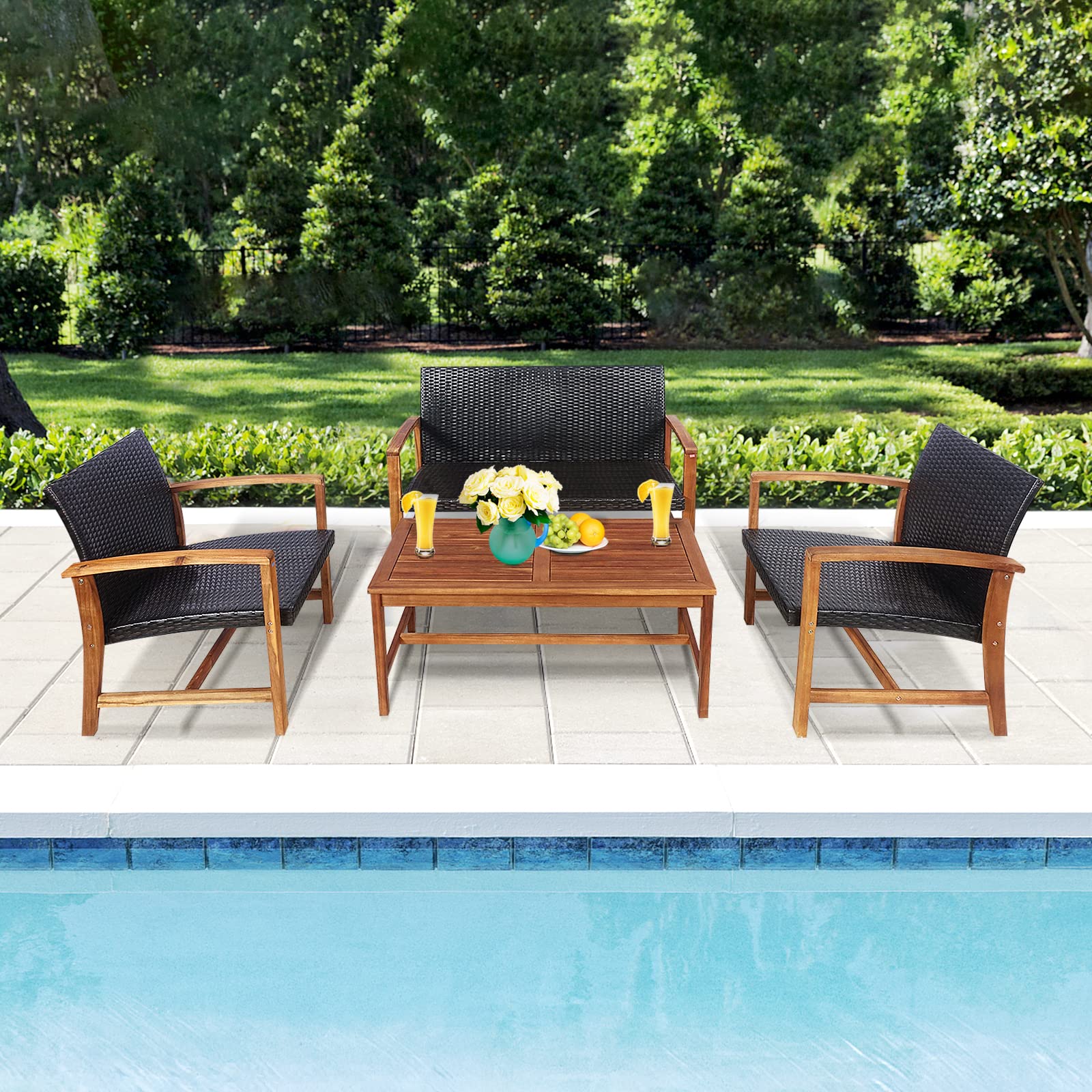 Tangkula 4-Piece PE Rattan Patio Furniture Set, Outdoor Conversation Set with Solid Acacia Wood, Outdoor Bistro Set with 1 Coffee Table, 1 Loveseat and 2 Chairs for Poolside, Backyard and Deck