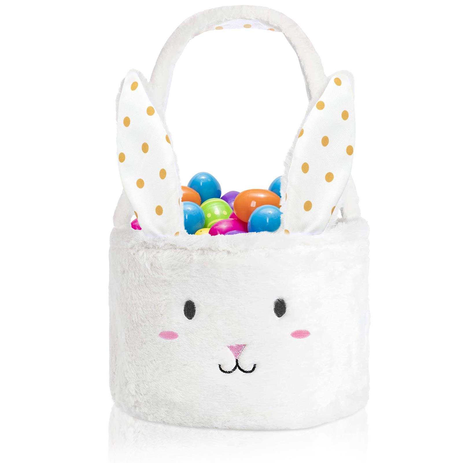 Easter Basket for Toddlers Babies, Cute Fluffy Bunny Basket with Foldable Ears, Easter Baskets Bags for Easter Egg Hunts, Plush Personalized Easter Basket Empty for Kids Girls Boys Gifts, White