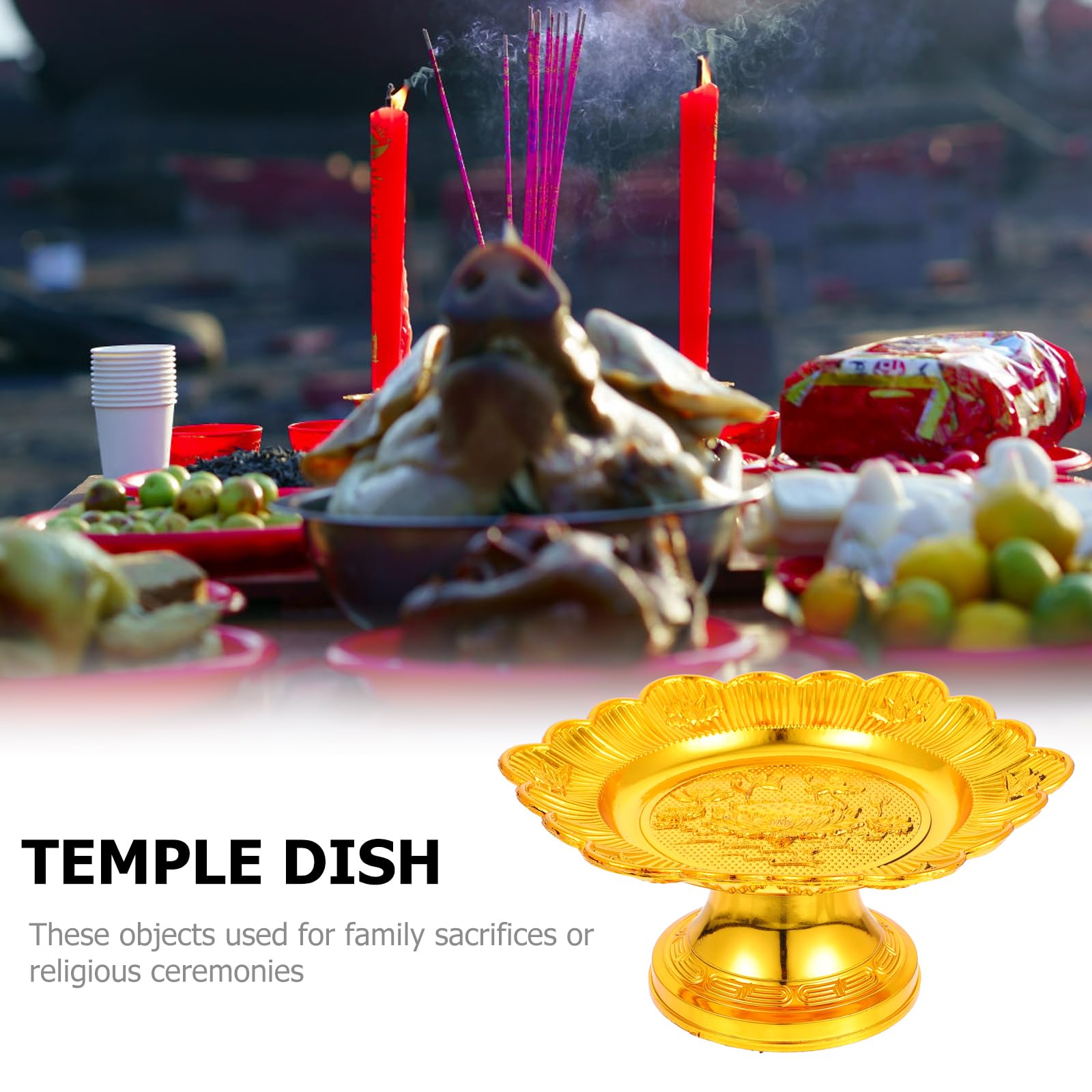Buddha Altar Fruit Plate:2PCS Offering Plate Tribute Serving Trays - Offering Fruit Desserts and Snacks for Buddha Altar Temple - Gold (8 Inches)