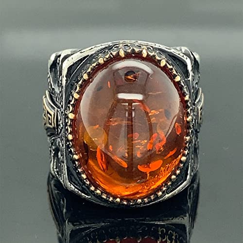 Mens Handmade Ring, Amber Stone Ring, Honey Amber Ottoman Mens Ring, Natural Stone, Men Ring, Gift for Him, 925k Sterling Silver Ring