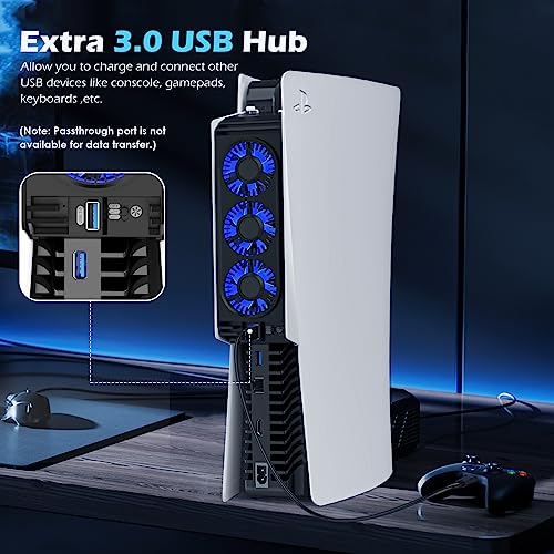 for PS5 Cooling Fan with Led Light, Quiet for PS5 Fan Cooling Fan HUIJUTCHEN for PS5 Cooler Cooling Fan for Playstation 5 fan with 3 Small Fans 3.0 USB Port 2 Fan Speed Setting fan (White)
