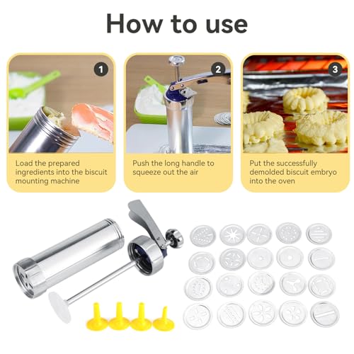 Cookie Press, Stainless Steel Churro Maker Machine Biscuit Press Cookie Gun Set with 20 Decorative Molds and 4 Nozzles for DIY Biscuit Maker 8.27 x 6.10in Cookie Press Machine Cookie Press Gun