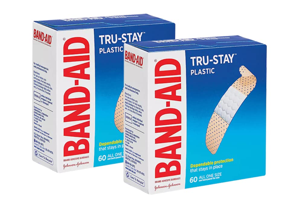 Band-Aid Brand Tru-Stay Plastic Strips Adhesive Bandages, All One Size, 60 ct (Pack of 2)