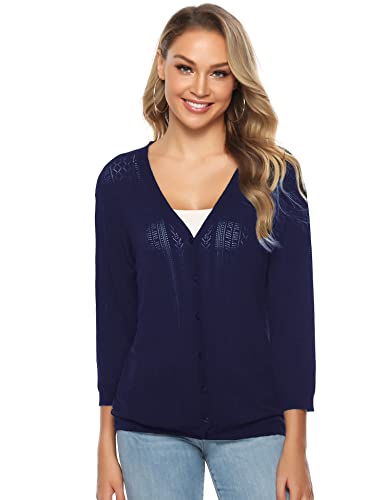 iClosam Summer Cardigans for Women Lightweight Work V Neck Knitted Cardigan 3/4 Sleeve Shrug Sweater Navy Blue