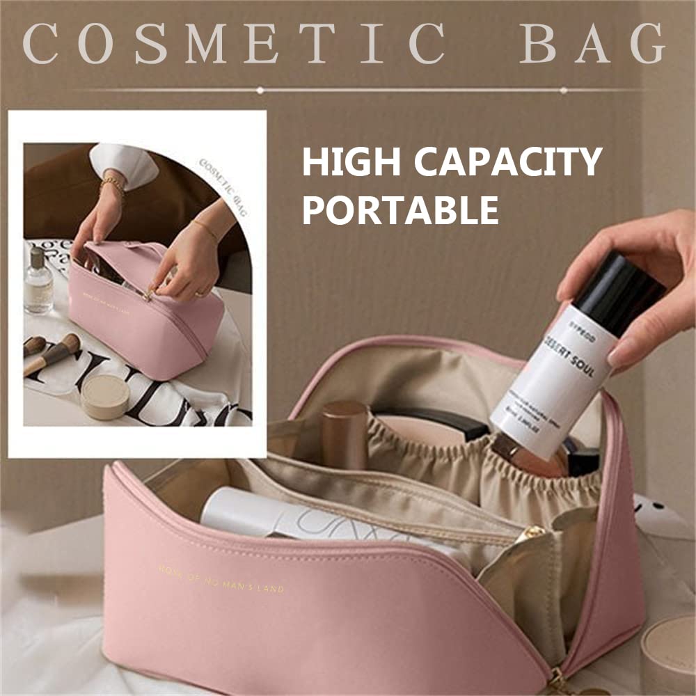 DAFUZ Makeup Bag - Large Capacity Travel Cosmetic Bag, Multifunctional Storage Leather Makeup Bag, with Handle and Divider Waterproof Travel Cosmetic Bag (Pink)