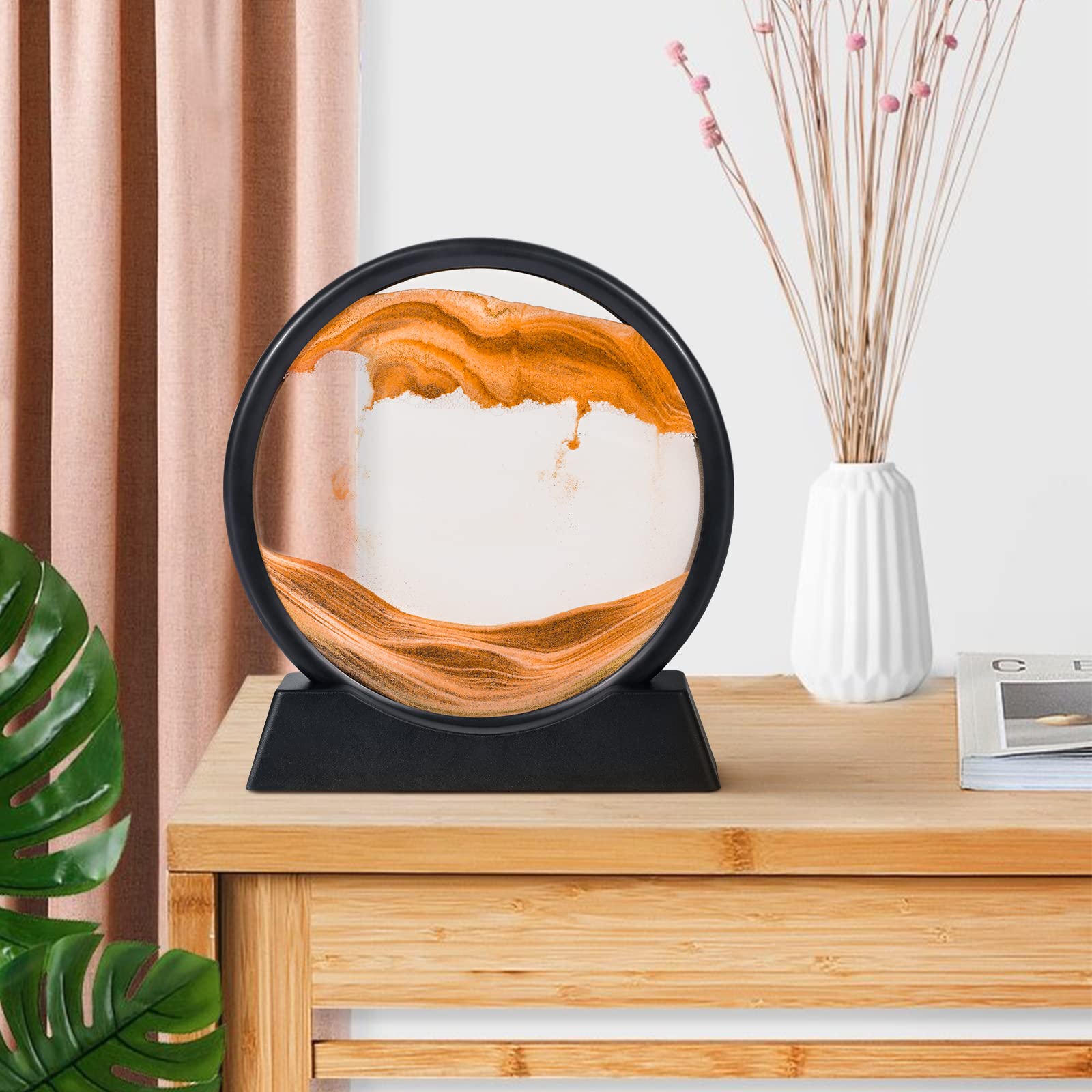 Moving Sand Art Picture 3D Deep Sea Sandscape Liquid Motion Display Flowing Sand Frame Round Glass 3D Quicksand Painting Decor Relaxing Art Desktop Toys Home Office Decoration (7in, Orange)