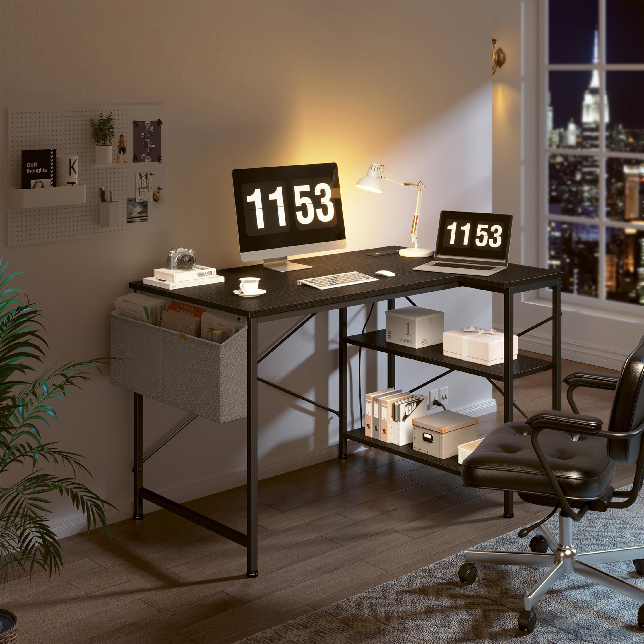 EnHomee L Shaped Computer Desk with File Drawer & Power Outlet, 40" Computer Desk with Storage Bag and Reversible Shelves, Home Office Desk Corner Table for Work, Writing and Study, Black