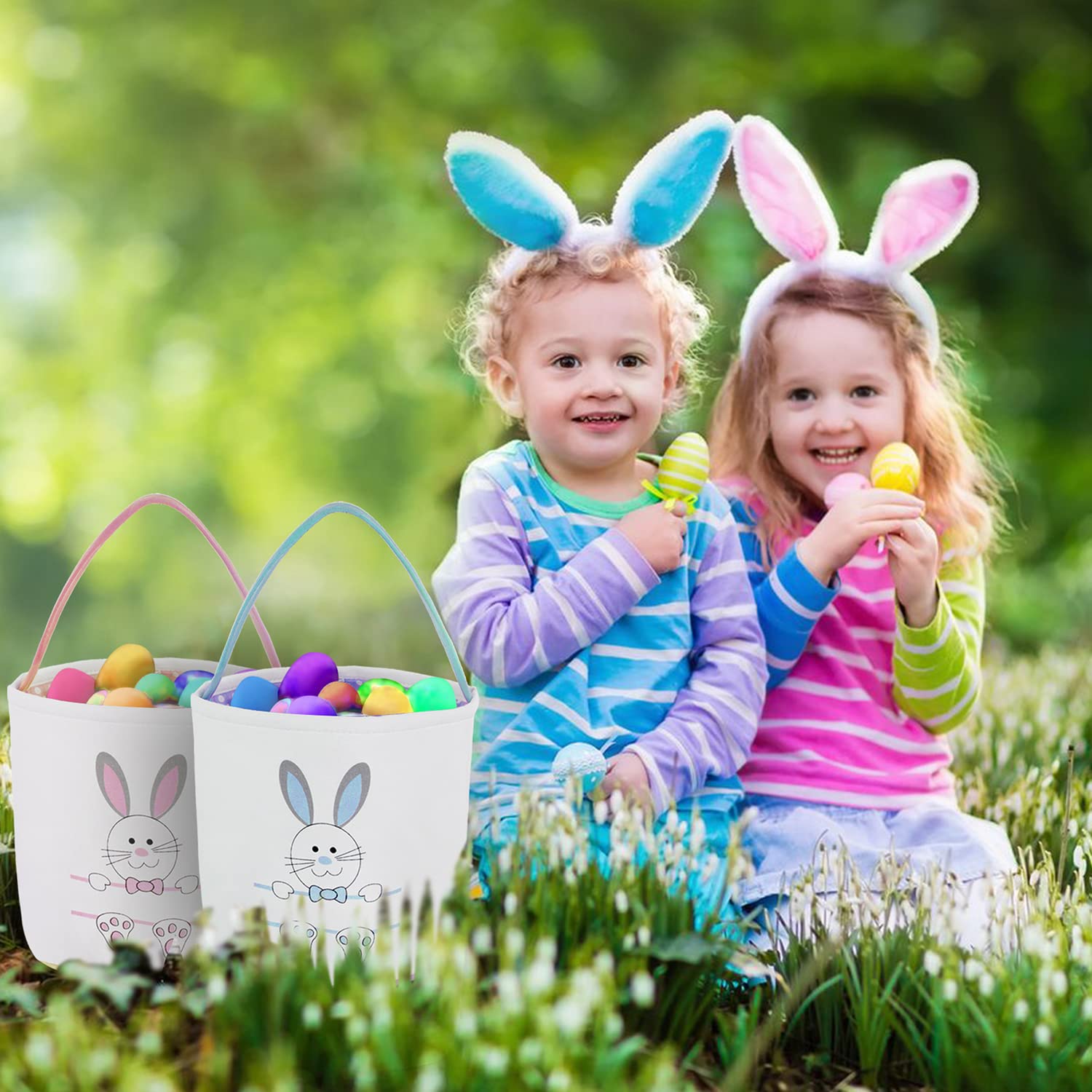 Easter Bunny Basket Egg Bags for Kids Canvas Tote Bags Buckets for Easter Eggs Personalized Candy Egg Basket with Rabbit Print Easter Tote Bag Party Candy Storage Decoration(2pcs)
