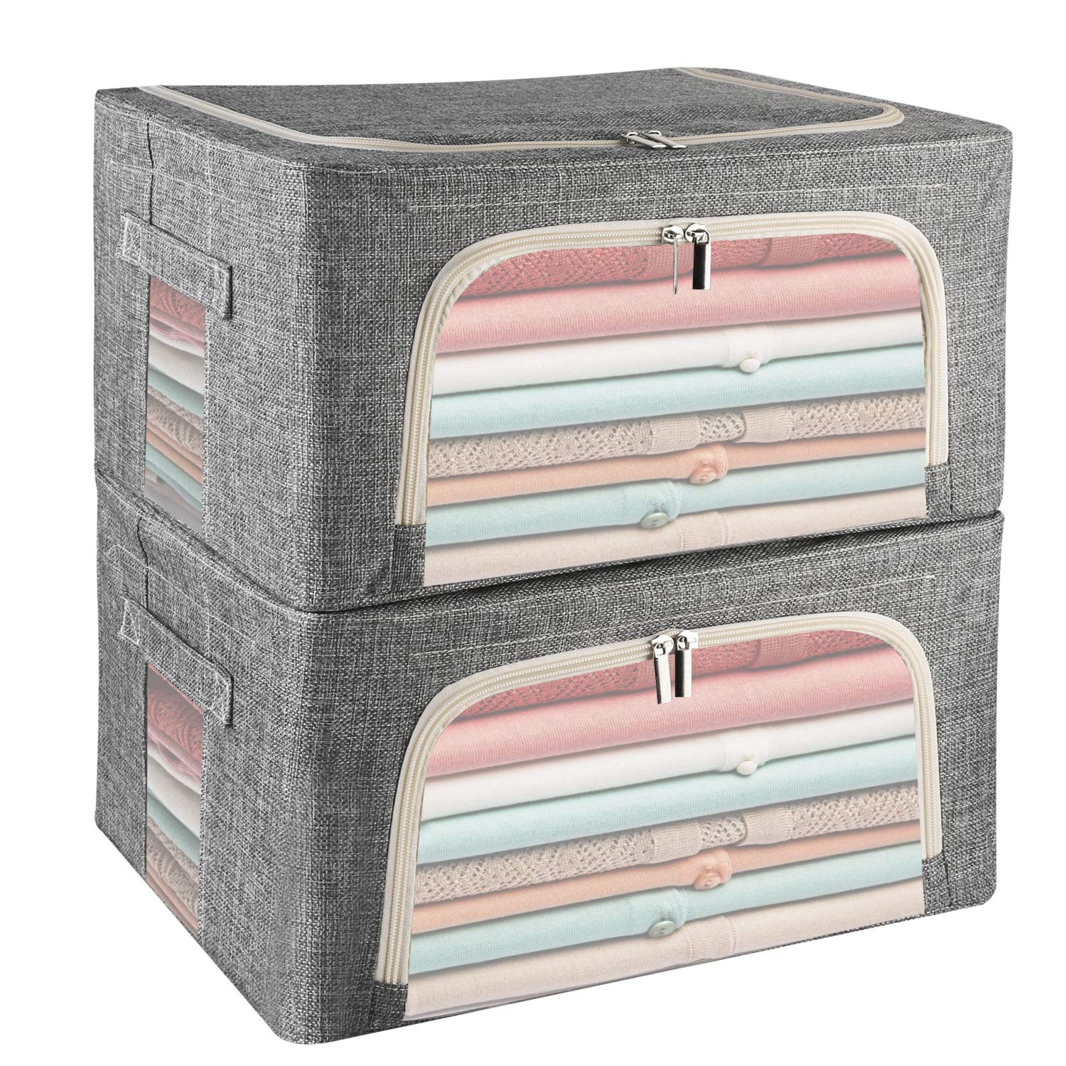 Awekris 2 Pack Storage Organization Bins with Clear Window & Carry Handles, Foldable Clothes Storage Basket, Great for Clothes, Blankets, Closets, Bedrooms, and More Medium (Grey)