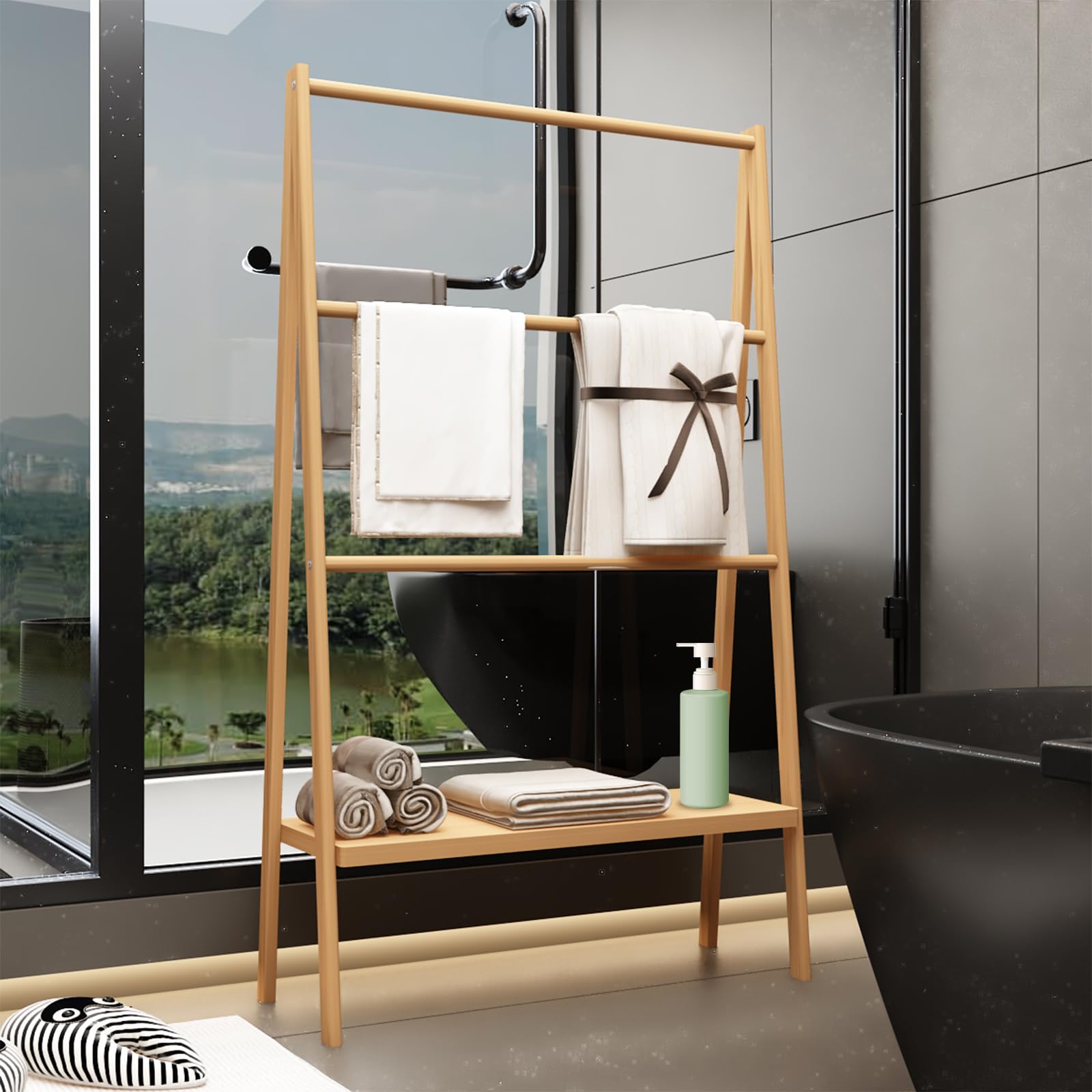 Cirui Bamboo Ladder Towel Rack with Storage Shelf 4-Tier Bathroom Ladder Towel Rack Freestanding Bamboo Drying Stand Multifunctional Display Stand for Bedroom Dressing Room Laundry