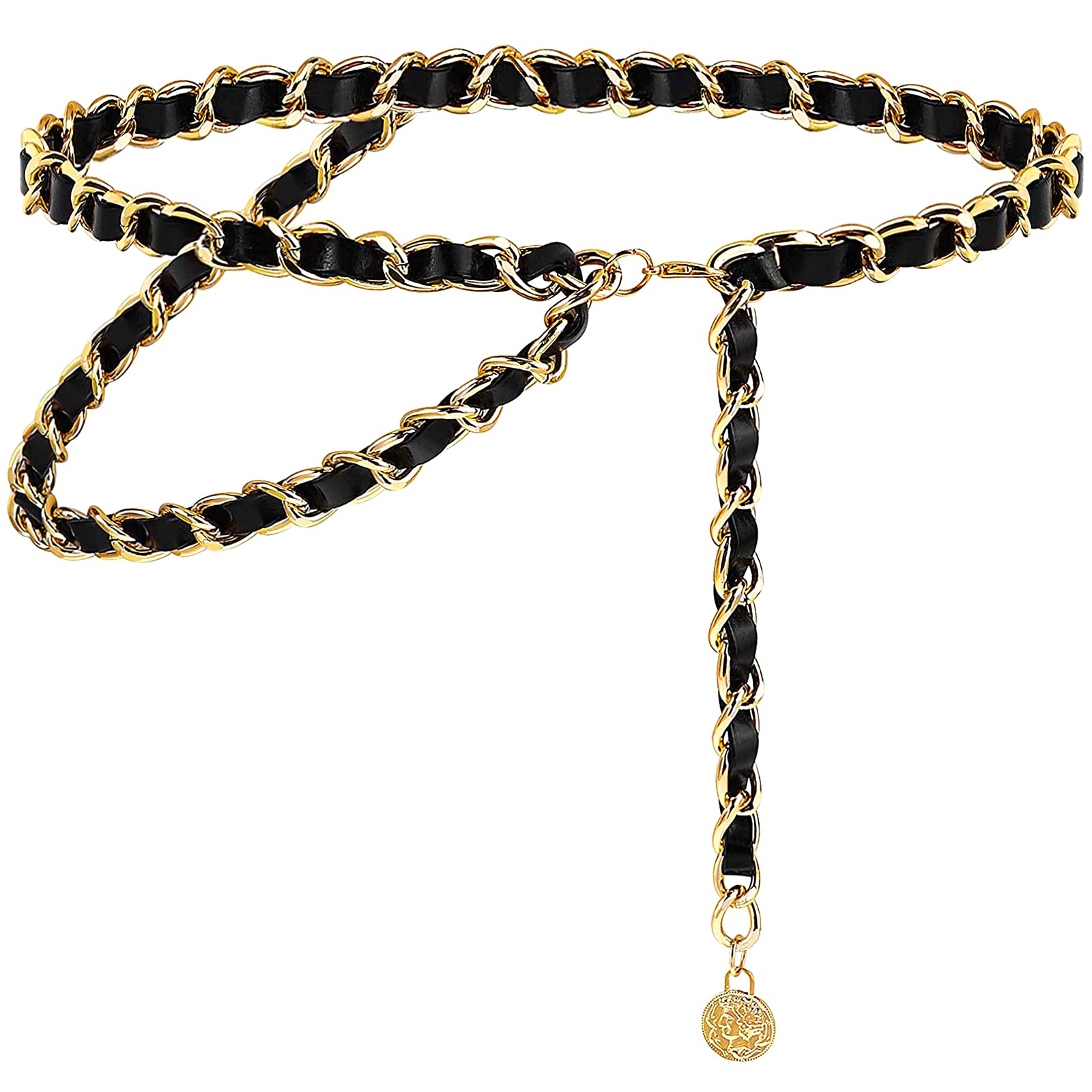 BAOKELAN Women's Leather Chain Belts Double Layer Waist Chain for Jeans Dresses Gold 130CM
