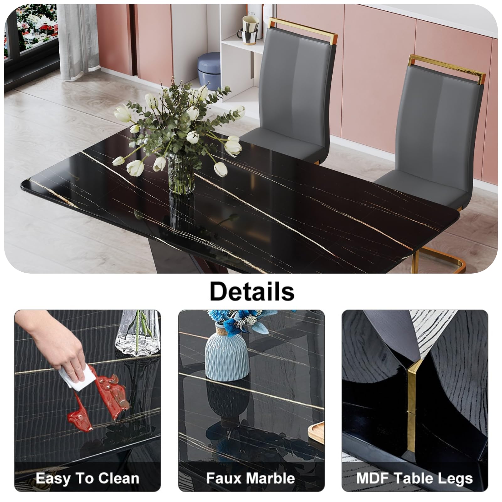 ChicFurnit Modern Dining Table with Tempered Glass Tabletop, Rectangle Dining Table with Rose Gold Colored Legs, for Living Room, Kitchen, Dining Room, Office