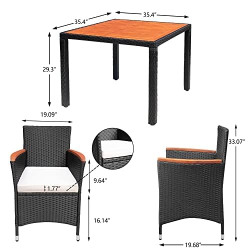 Devoko 5 PCS Furniture, Patio Conversation Set with Acacia Wood Top, Rattan Outdoor Dining Table and Chairs for Backyard, Garden, Deck, Black