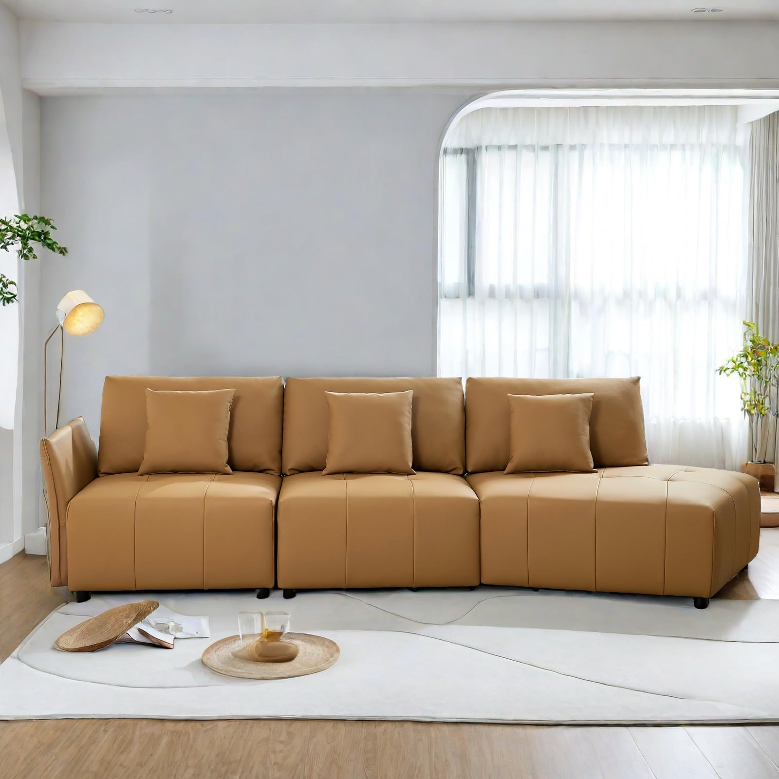 ChicFurnit Sectional Sofa, Couch with Three Movable Pillows & Positioned Armrests, Curved Real Leather 120" Upholstered Sofa with Sectional Chaise Lounge, Dark Yellow
